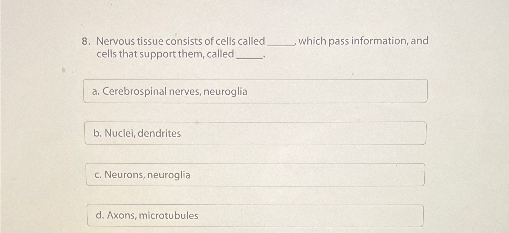 Solved Nervous tissue consists of cells called which pass | Chegg.com