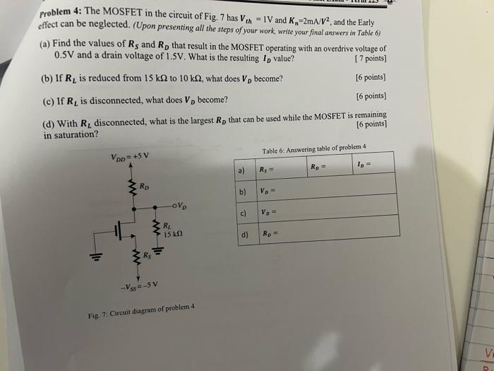 Solved problem 4: The MOSFET in the circuit of Fig. 7 has | Chegg.com