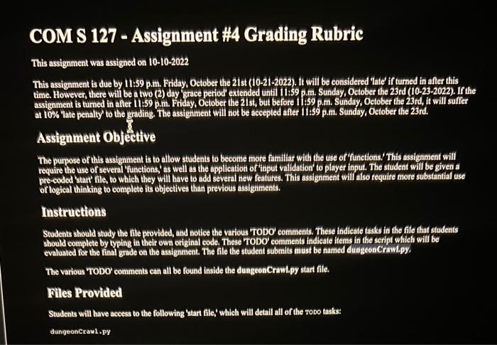 Com S 127 Assignment 4 Grading Rubric This 