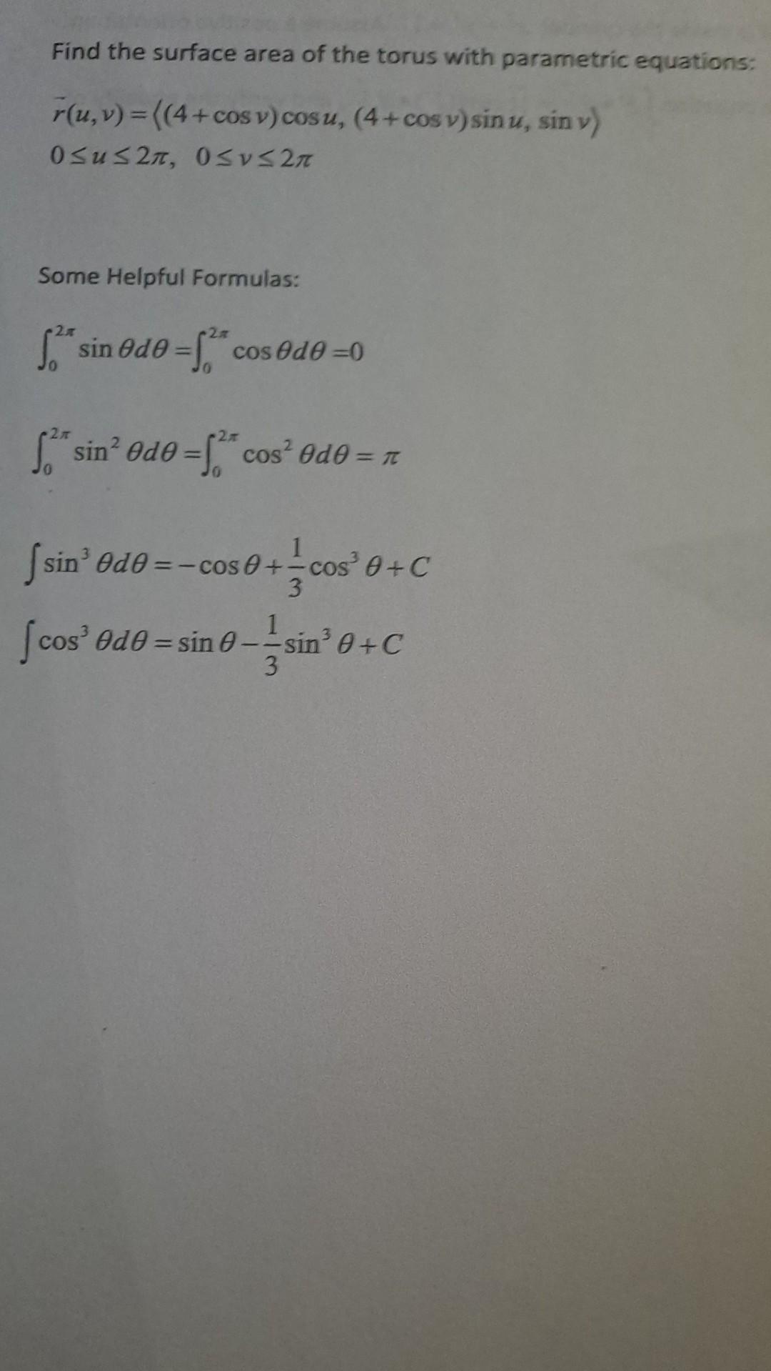 Solved Find the surface area of the torus with parametric | Chegg.com