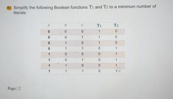 Solved 6) Simplify the following Boolean functions Ti and T2 | Chegg.com