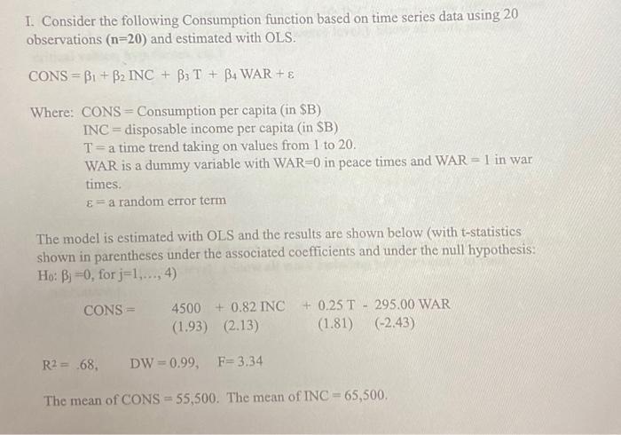Solved I. Consider the following Consumption function based | Chegg.com