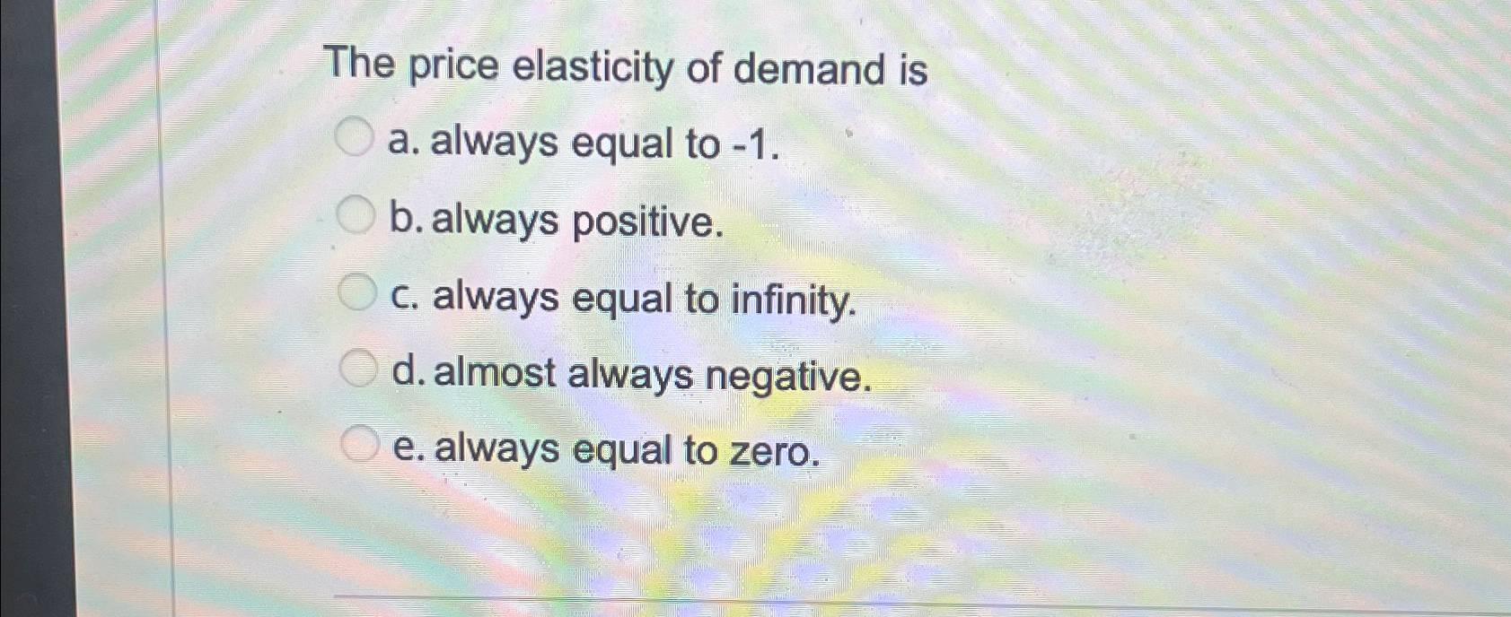 Solved The price elasticity of demand isa. ﻿always equal to | Chegg.com