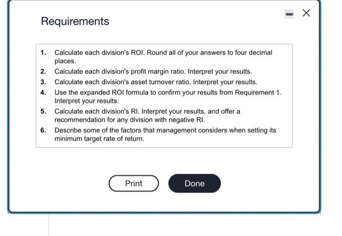 Solved Requirement 1. Calculate each division's ROI. Round | Chegg.com