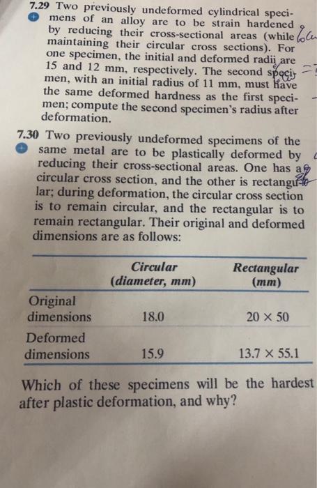 Solved 7.29 Two previously undeformed cylindrical specimens | Chegg.com