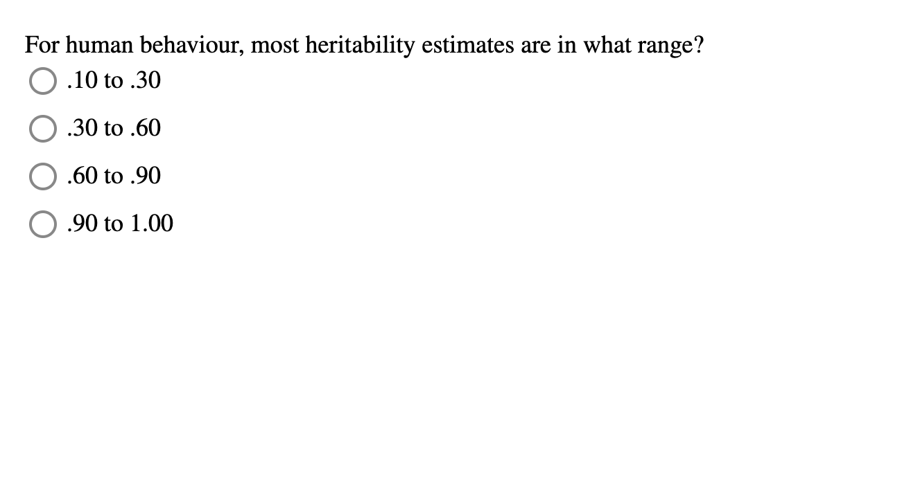 Solved For human behaviour, most heritability estimates are | Chegg.com