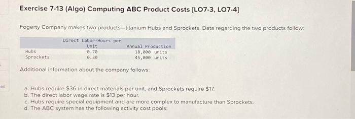 Solved es Exercise 7-13 (Algo) Computing ABC Product Costs | Chegg.com