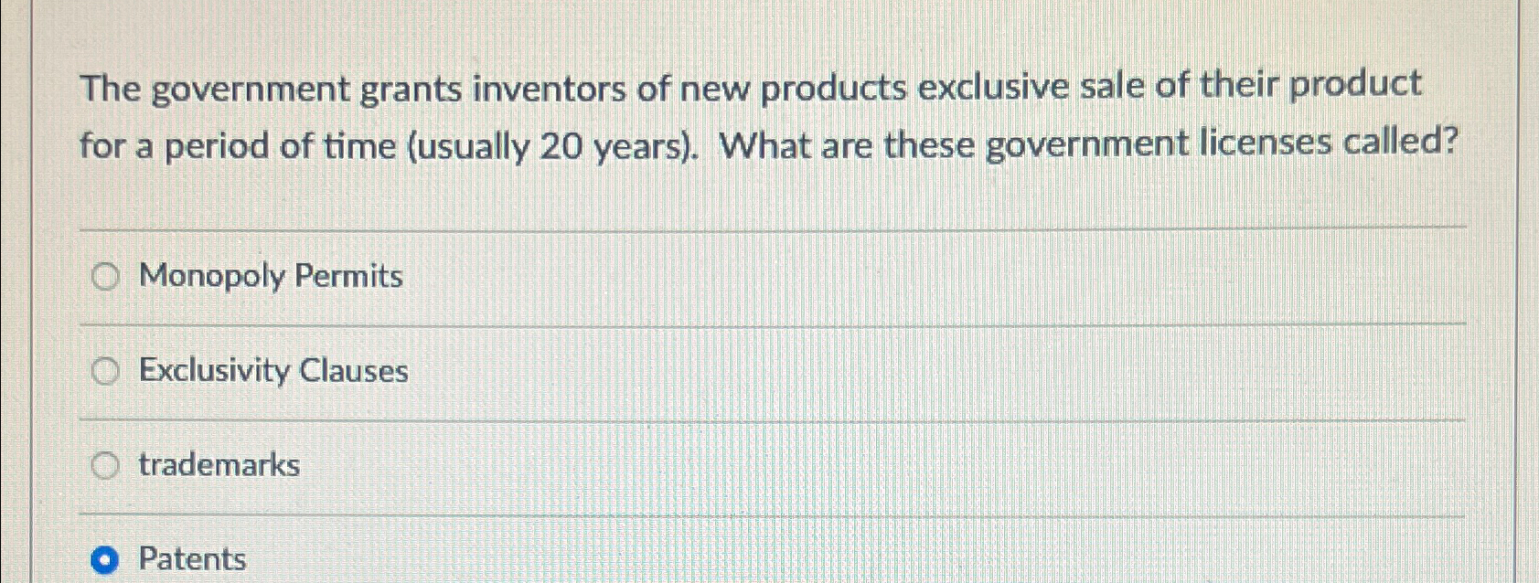 Solved The government grants inventors of new products | Chegg.com