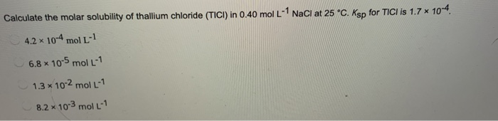 Solved Calculate the molar solubility of thallium chloride | Chegg.com