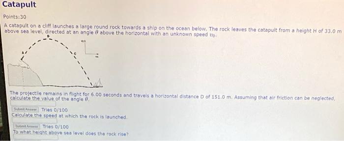 Solved A catapult on a cliff launches a large round rock | Chegg.com