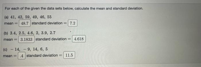 Solved For each of the given the data sets below, calculate | Chegg.com