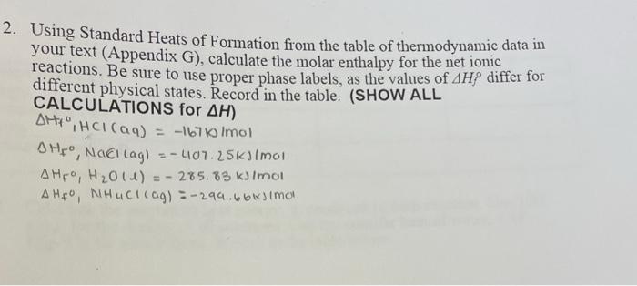 Solved 2. Using Standard Heats of Formation from the table | Chegg.com
