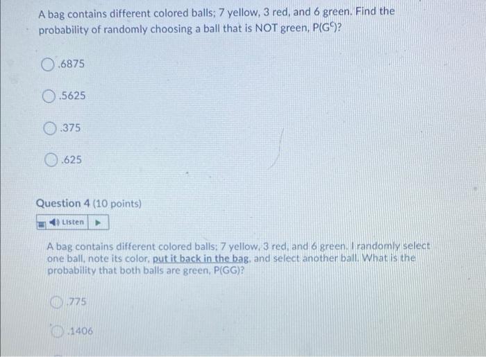 Solved A bag contains different colored balls; 7 yellow, 3 | Chegg.com