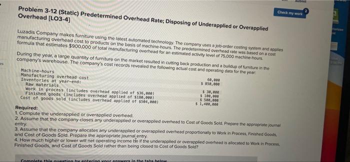 Solved w Problem 3-12 (Static) Predetermined Overhead Rate: | Chegg.com