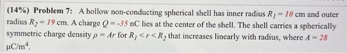 Solved (14%) Problem 7: A hollow non-conducting spherical | Chegg.com