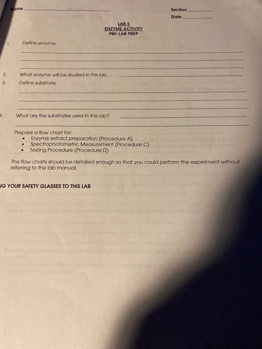 Solved Section Date LAB 5 ENZYME ACTIVITY PRE-LAB PREP 1. | Chegg.com
