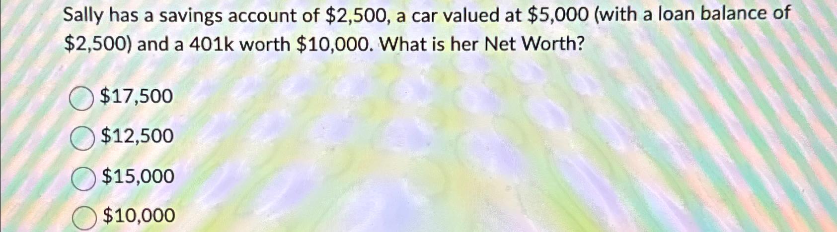 Solved Sally has a savings account of $2,500, a car valued | Chegg.com