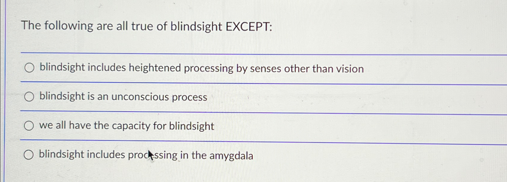 Solved The following are all true of blindsight | Chegg.com