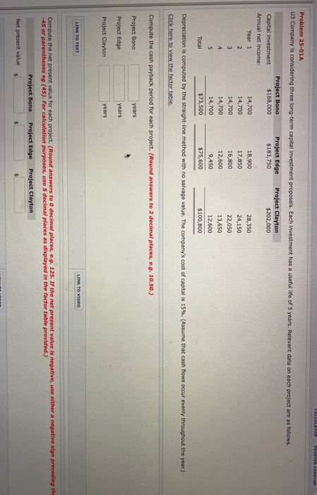 Solved CALCULATOR INTER VERSION Problem 25-01A u3 Company is | Chegg.com