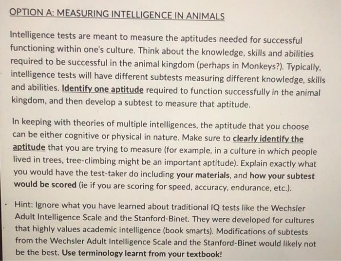 Solved OPTION A: MEASURING INTELLIGENCE IN ANIMALS | Chegg.com