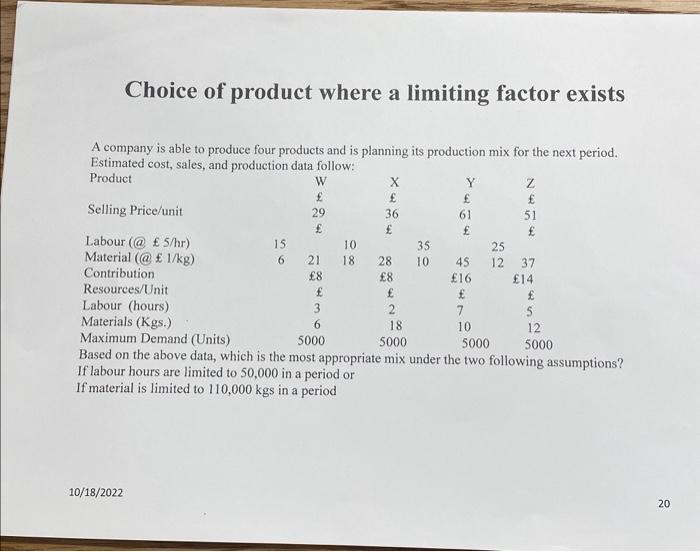 Solved Choice of product where a limiting factor exists A | Chegg.com