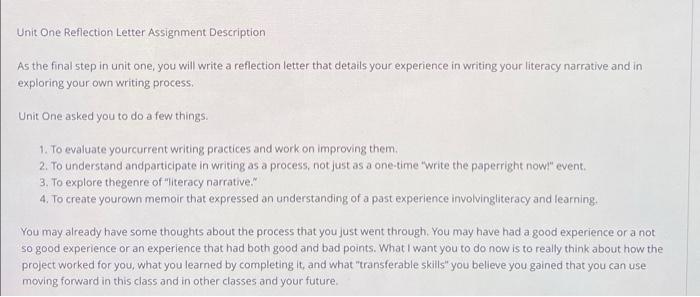 Unit One Reflection Letter Assignment Description As | Chegg.com