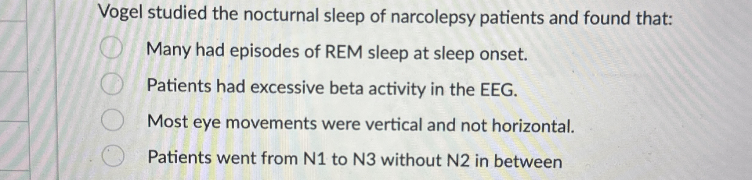 Solved Vogel studied the nocturnal sleep of narcolepsy | Chegg.com