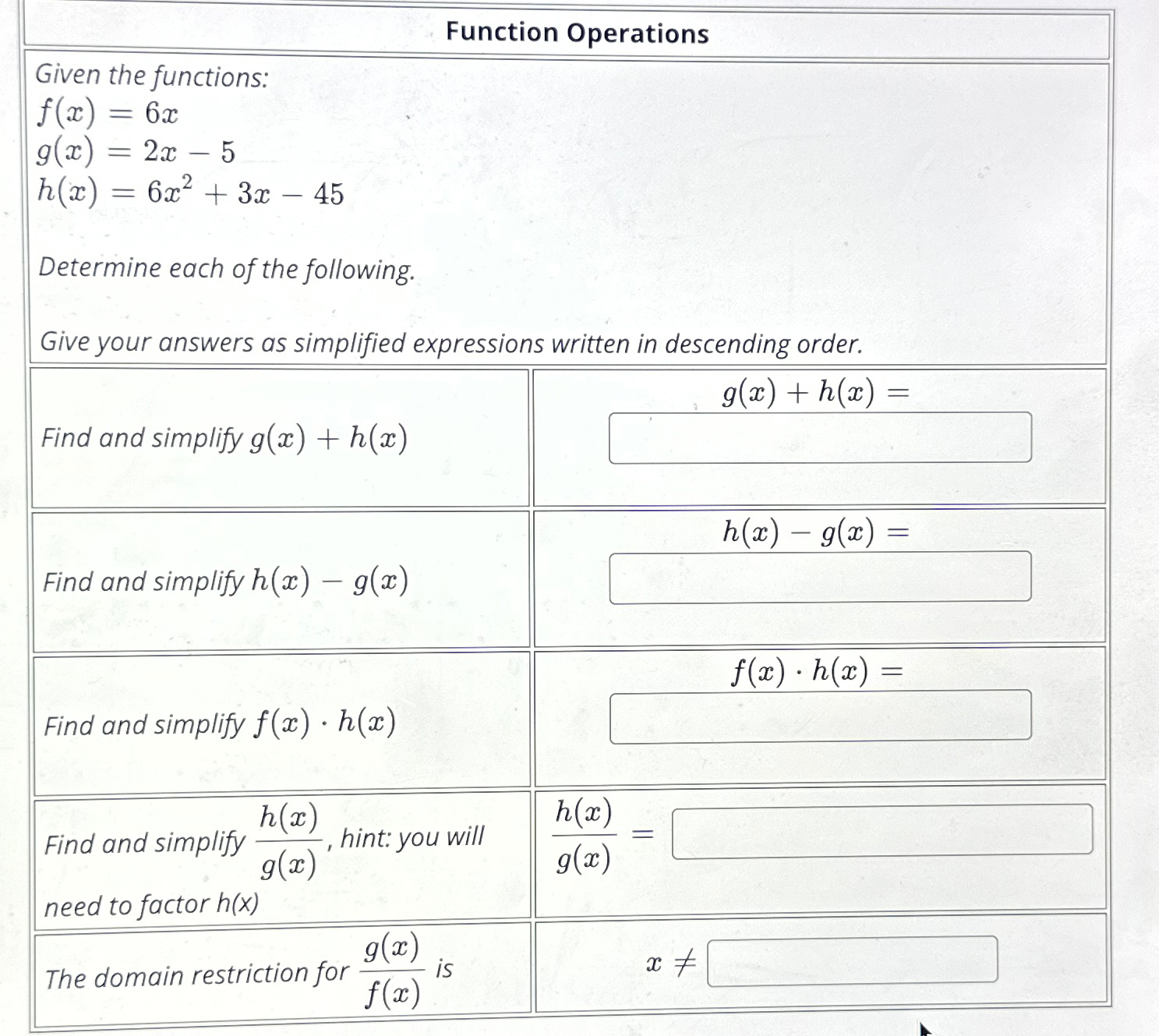 Solved Function OperationsGiven the | Chegg.com
