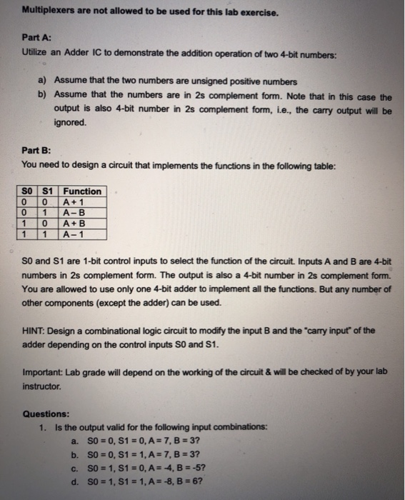 Solved Multiplexers are not allowed to be used for this lab | Chegg.com