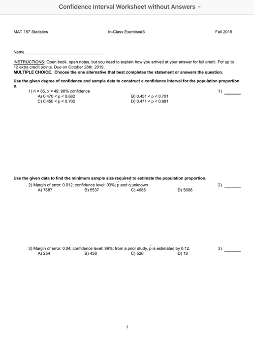 Solved Confidence Interval Worksheet without Answers MAT 157 | Chegg.com