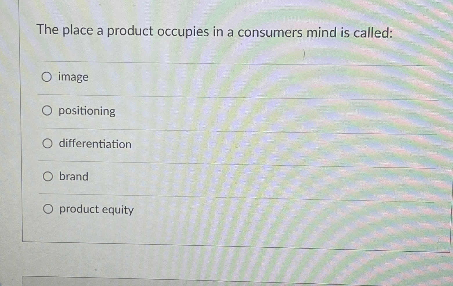 Solved The place a product occupies in a consumers mind is | Chegg.com