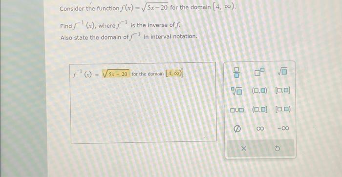 Solved Consider the function f(x)=5x−20 for the domain | Chegg.com