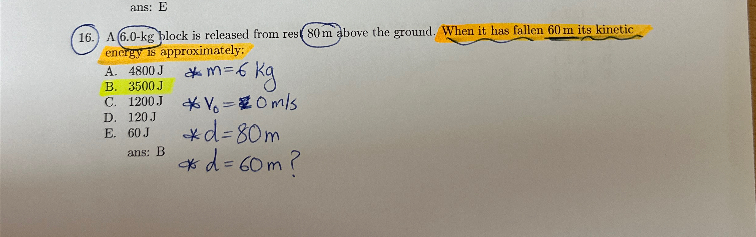 Solved ans: E16. ﻿A 6.0 ﻿kg block is released from res 80 ﻿m | Chegg.com