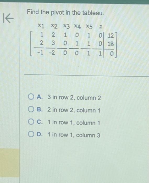 Solved Find the pivot in the tableau. A. 3 in row 2 , column | Chegg.com