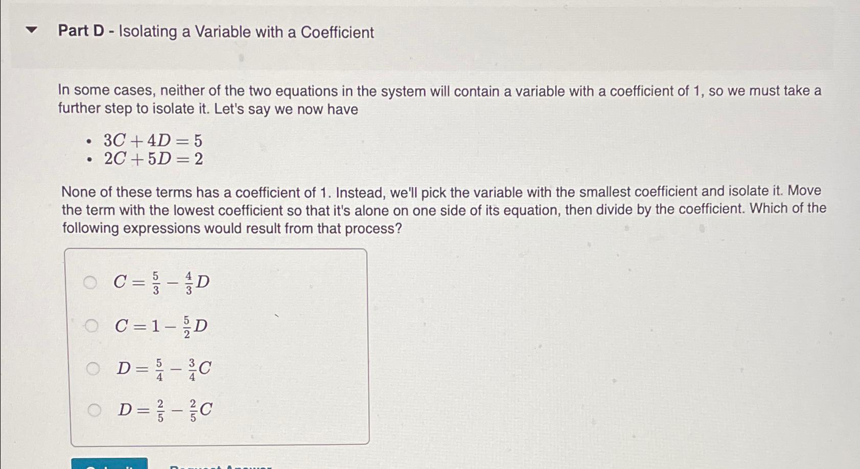 Solved Part D - ﻿Isolating a Variable with a CoefficientIn | Chegg.com