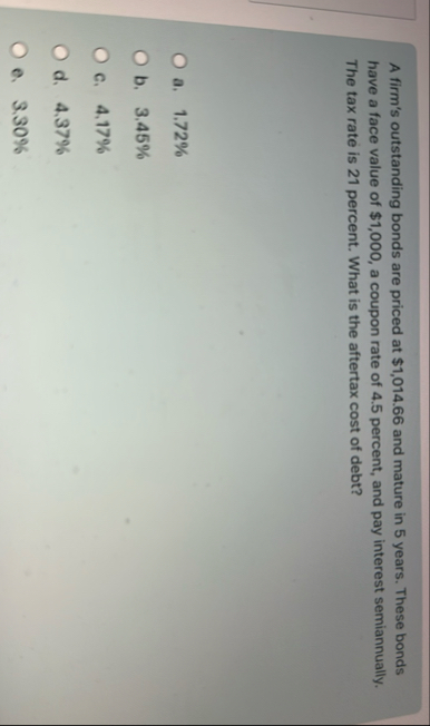 Solved A firm's outstanding bonds are priced at $1,014.66 | Chegg.com