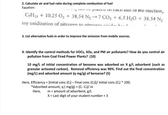 Solved 2. Calculate air and fuel ratio during complete | Chegg.com