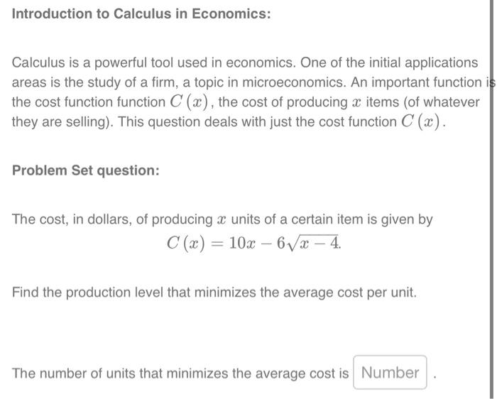 Solved Introduction to Calculus in Economics: Calculus is a | Chegg.com