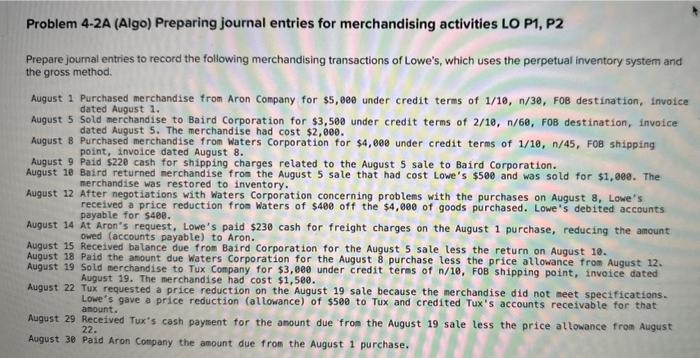 Solved Problem 4-2A (Algo) Preparing journal entries for | Chegg.com