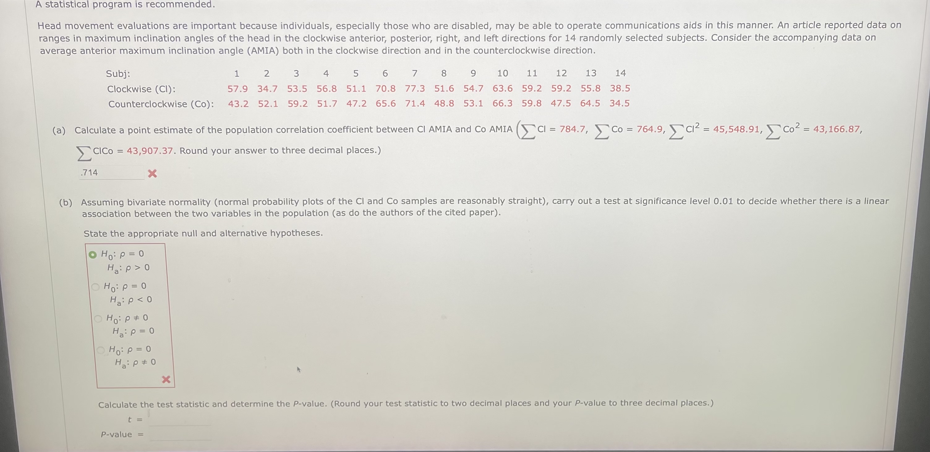 Solved A statistical program is recommended.Head movement | Chegg.com