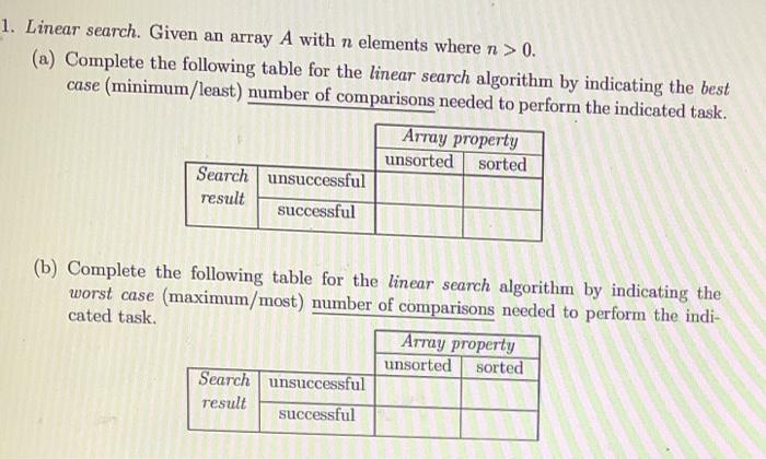 Solved 1. Linear search. Given an array A with n elements | Chegg.com