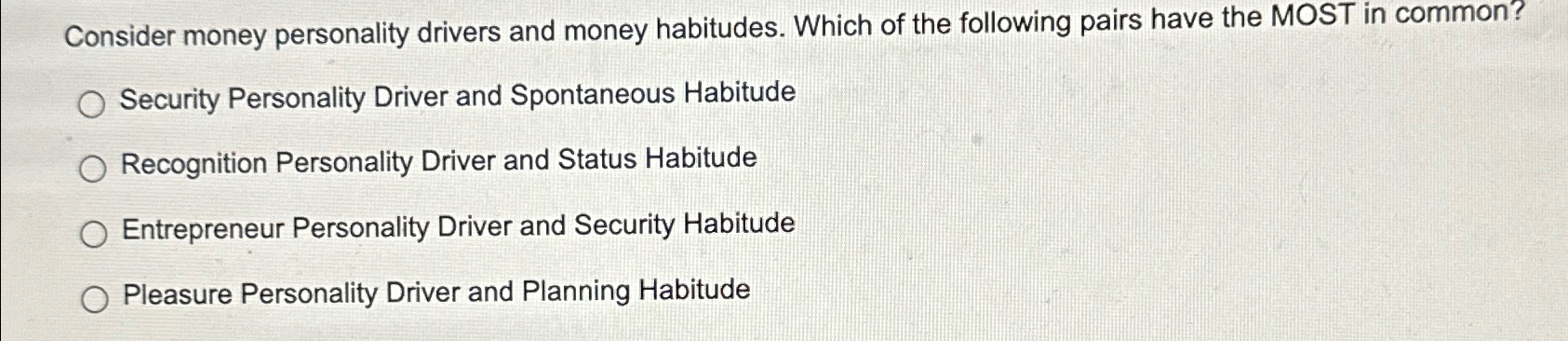 Solved Consider money personality drivers and money | Chegg.com