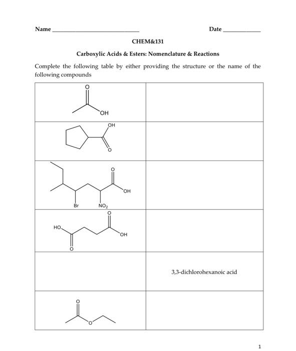 Solved Name Date CHEM&131 Carboxylic Acids & Esters: | Chegg.com