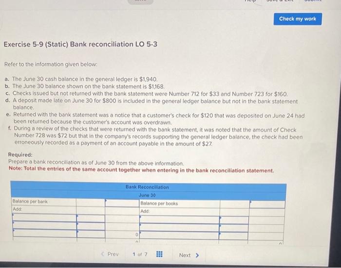 Solved Exercise 5-9 (Static) Bank reconciliation LO 5-3 | Chegg.com