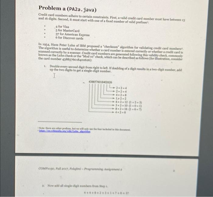 Solved Problem a (PA2a.java) Credit card numbers adhere to | Chegg.com