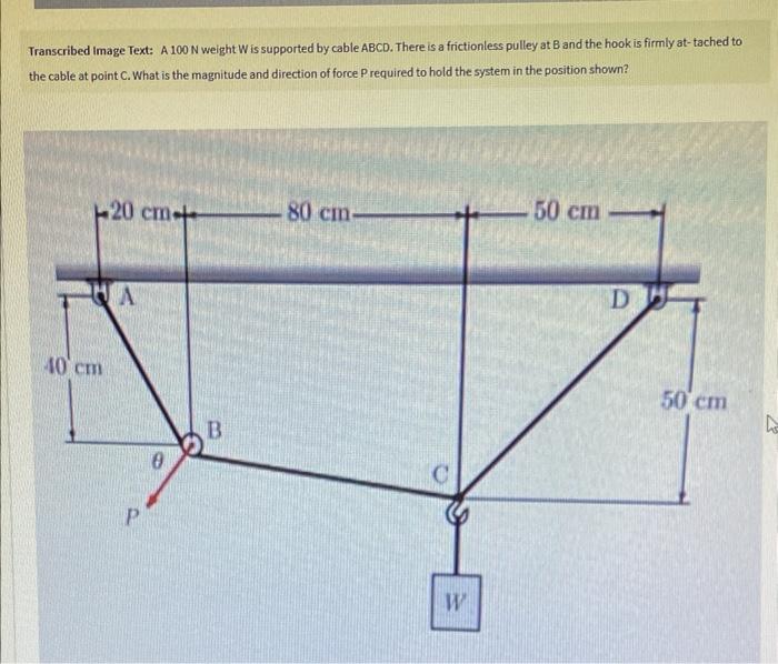 Solved A 1002 N weight W is supported by cable ABCD. There | Chegg.com