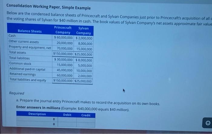 Solved Consolidation Working Paper, Simple Example Below are | Chegg.com