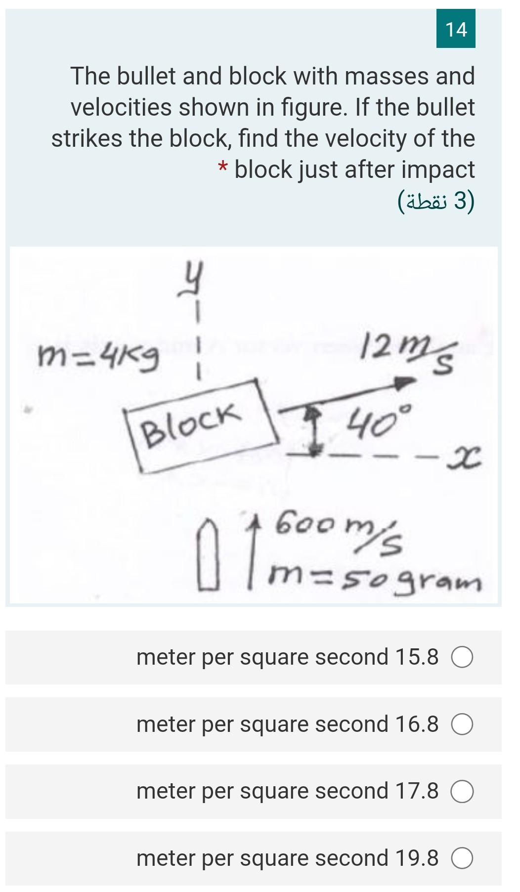 Solved 14 The bullet and block with masses and velocities | Chegg.com