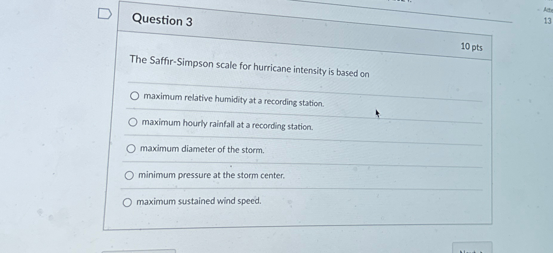 Solved Question 310 ﻿ptsThe Saffir-Simpson scale for | Chegg.com
