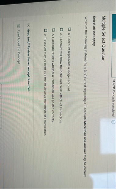 Solved 37 ﻿of 91 ﻿Concepts completed(i)Multiple Select | Chegg.com